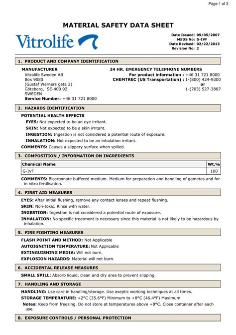 MSDS No G IVF Vitrolife