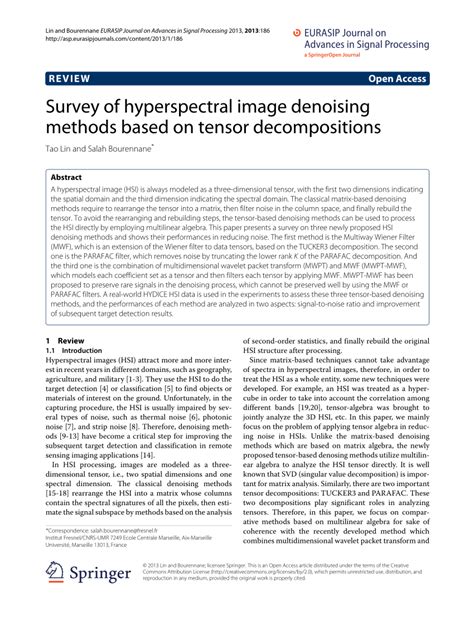 pdf survey of hyperspectral image denoising methods based on tensor decompositions