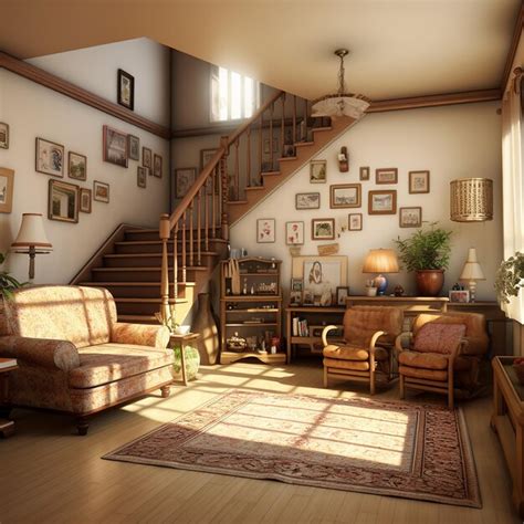 Premium Photo A Living Room With A Couch Chair And Stairs