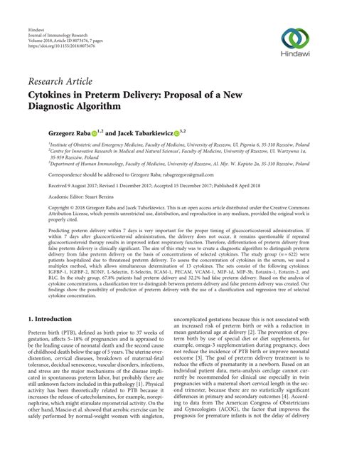 pdf cytokines in preterm delivery proposal of a new diagnostic algorithm