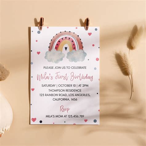 Editable Boho Rainbow First Birthday Invitation Muted Rainbow Etsy