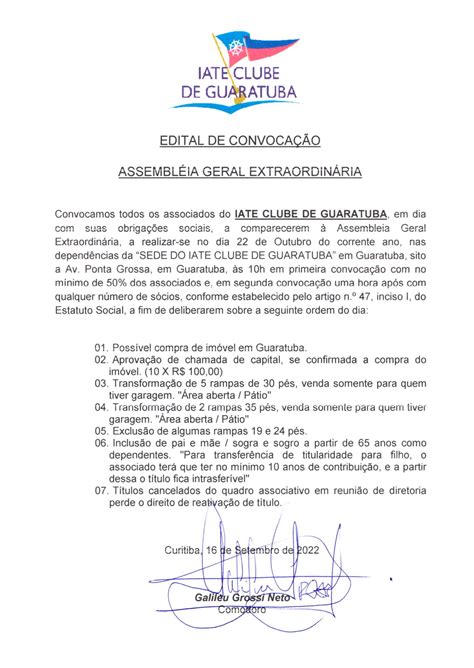 EDITAL DE CONVOCAÇÃO ASSEMBLÉIA GERAL EXTRAORDINÁRIA Iate Clube