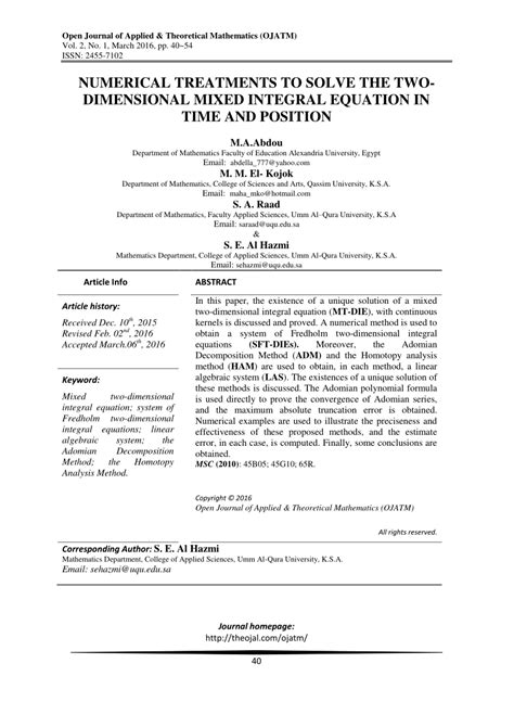 pdf numerical treatments to solve the two dimensional mixed integral equation in time and position
