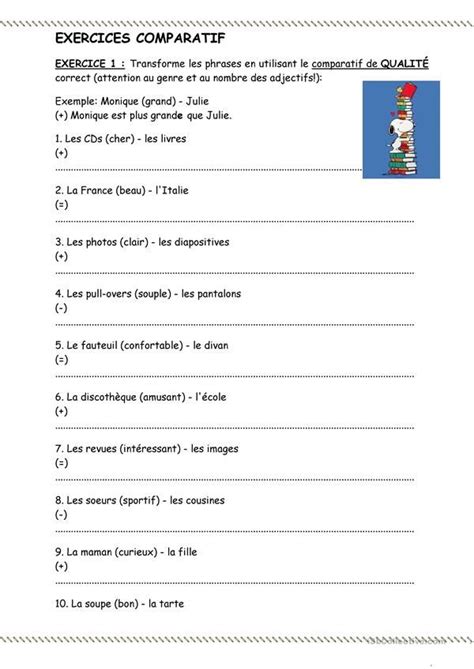 Comparatif Feuilles de travail français Enseignement du français