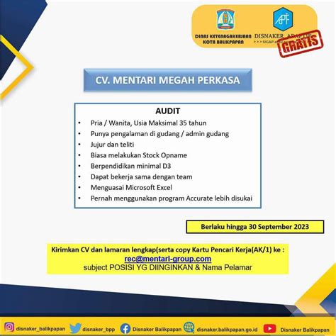 Lowongan Kerja Audit Di CV Mentari Megah Perkasa 2023 Nugasin