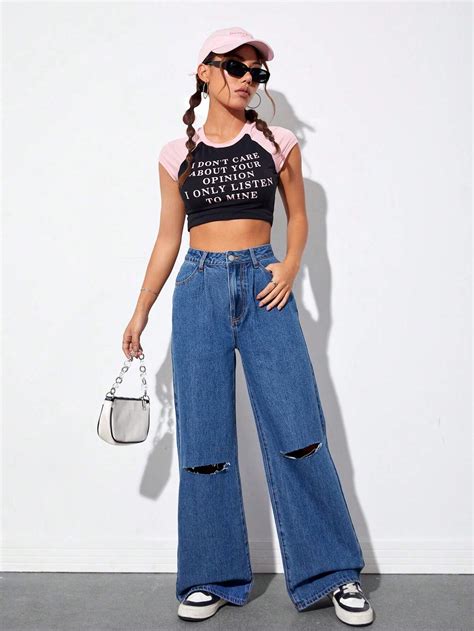SHEIN EZwear High Waist Ripped Wide Leg Jeans SHEIN USA