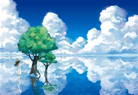 Fondos de pantalla luz de sol Árboles mar Chicas anime reflexión