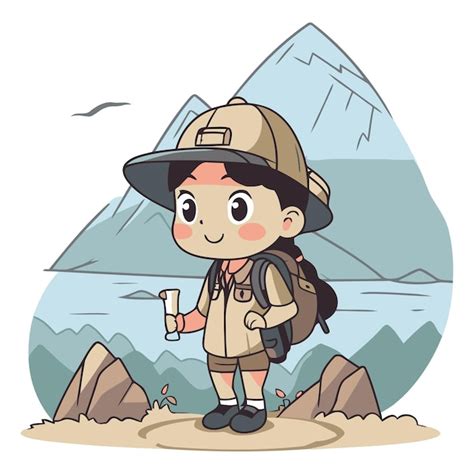 Niño explorador con mochila y mapa en las montañas Vector Premium