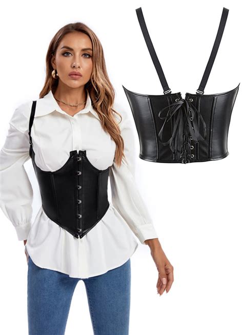 Womens Faux Leather Steampunk Corsets Victorian Bustier Top