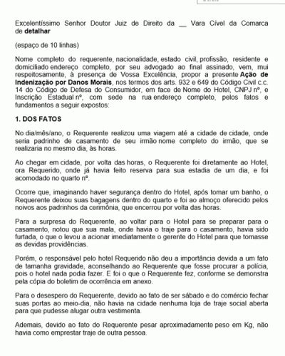 Referência de Petição Danos Morais Furto de Bagagem em Hotel Novo CPC