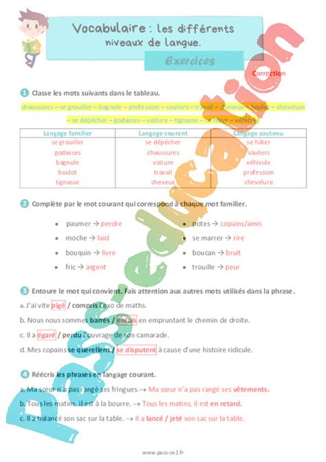 Les niveaux de langue Exercices de vocabulaire pour le ce2 PDF à