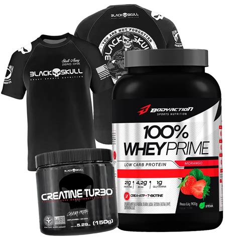 Combo Whey Concentrado Creatina Camisa Preta Bope Caveira