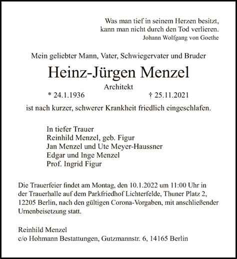Traueranzeigen von Heinz Jürgen Menzel Tagesspiegel Trauer