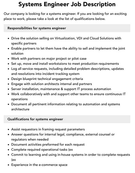 Systems Engineer Job Description Velvet Jobs