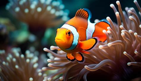 Premium AI Image Clown Fish Swimming In Vibrant Reef Showcasing