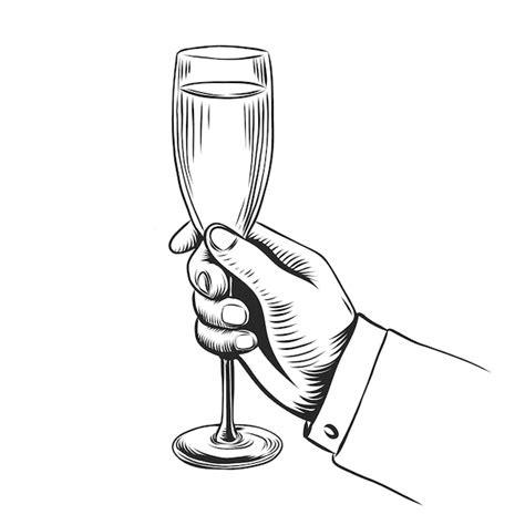 Premium Vector Male Hand Holding Glass Champagne Vintage Vector Engraving Illustration For Web