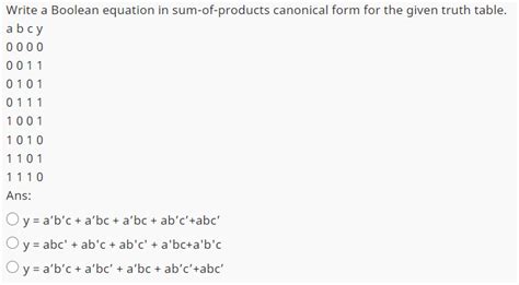 solved write a boolean equation in sum of products canonical