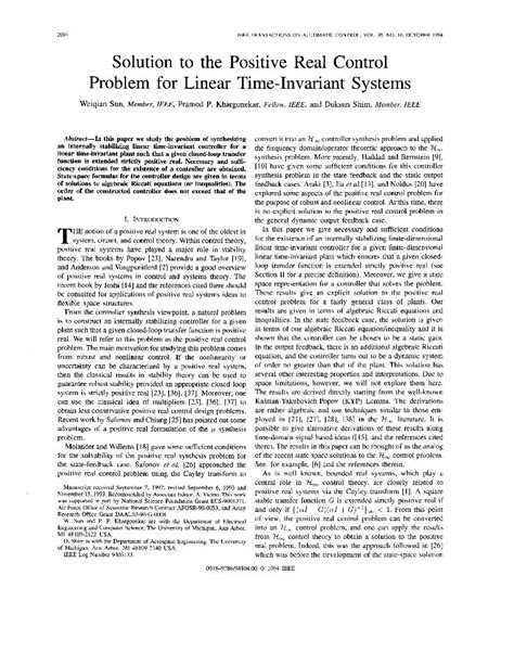 pdf solution to the positive real control problem for linear time invariant systems dokumen tips