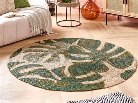 Tapis En Jute 140 Cm Beige Vert Motif Feuille BAYAT