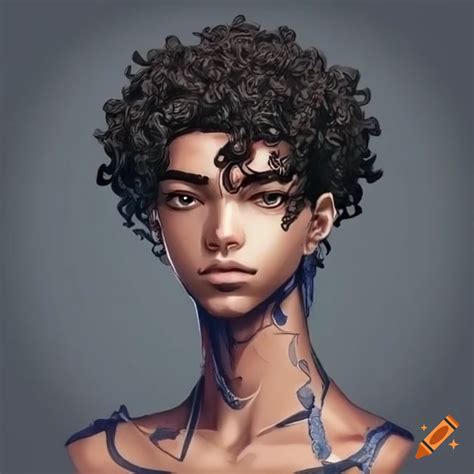 Japanese Anime Inspired Male Character With Dark Brown Skin And Black Curly Hair With Undercut