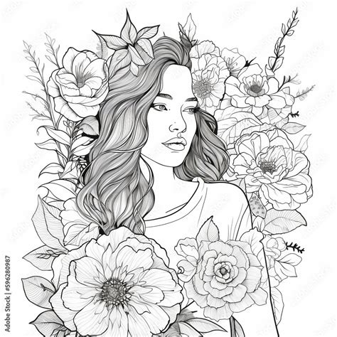 Printable Women Colouring Page Grayscale Illustration Created With Ai
