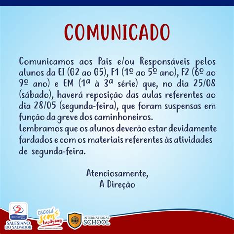 Comunicado Reposição das Aulas Colégio Salesiano do Salvador