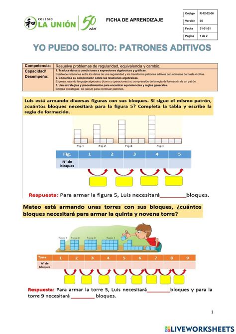 Yo Puedo Solito Patrones Aditivos Crecientes Worksheet Expresiones