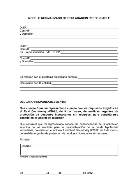 Modelo declaracion responsable MODELO NORMALIZADO DE DECLARACIÓN