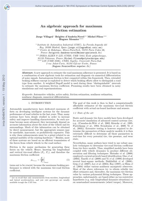 pdf an algebraic approach for maximum friction estimation