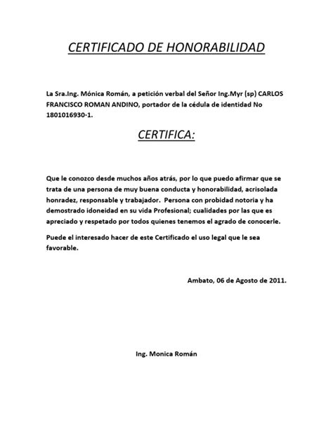 Certificado De Honorabilidad Ejemplo 50 Ejemplo De Certificados De