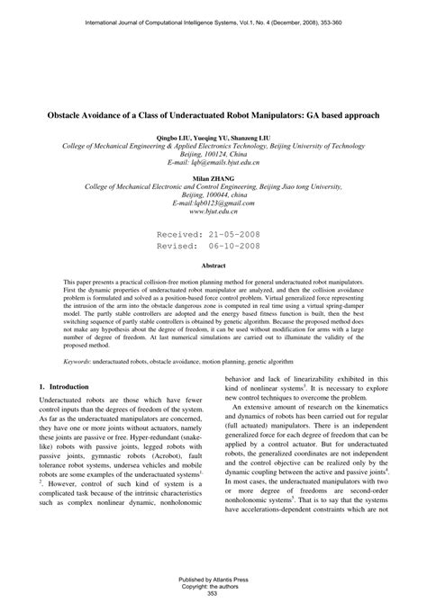 pdf obstacle avoidance of a class of underactuated robot manipulators ga based approach