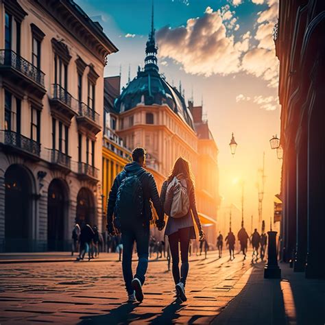 Um casal de mãos dadas e caminhando por uma rua um pôr do sol ao