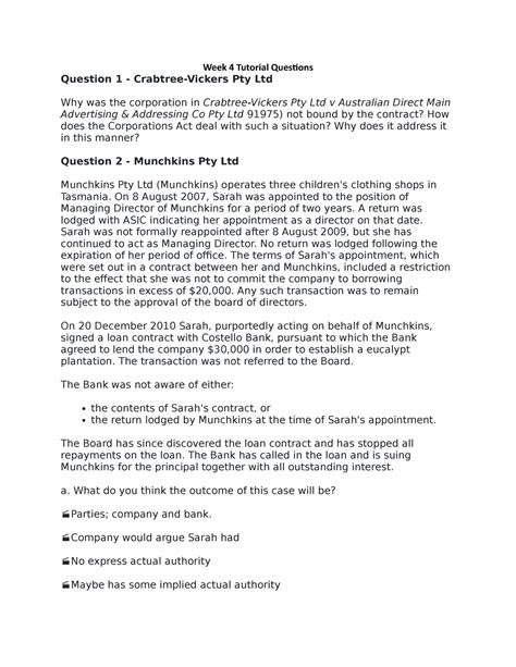 week 4 tutorial questions week 4 tutorial questions question 1 crabtree vickers pty ltd why