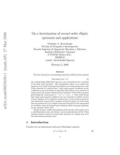 pdf on a factorization of second order elliptic operators and applications