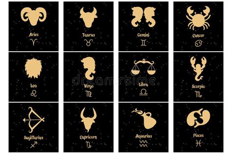 Set Of Zodiac Signs Gold Signs On A Black Round Background Horoscope