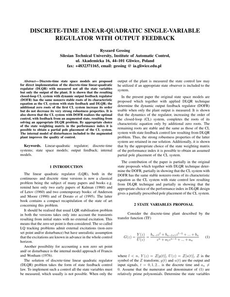 pdf discrete time linear quadratic single variable regulator with output feedback