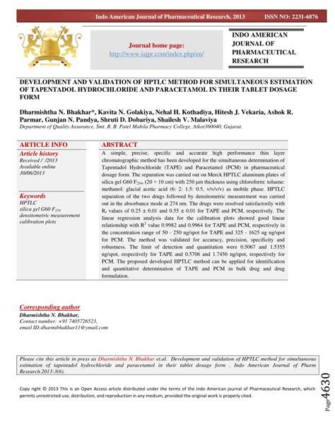 pdf development and validation of hptlc method for simultaneous estimation of tapentadol