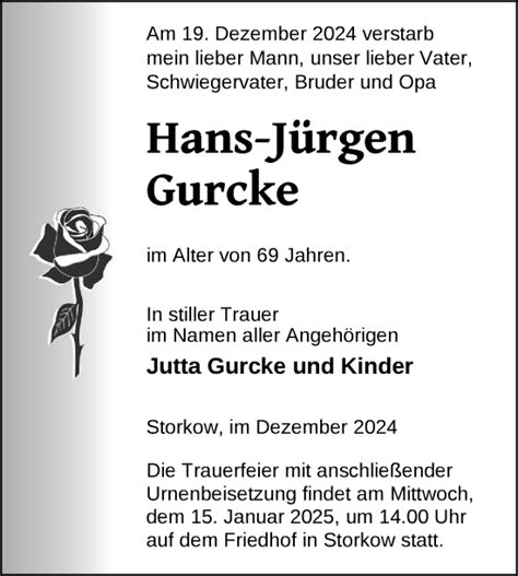 Traueranzeigen von Hans Jürgen Gurcke Trauer Nordkurier