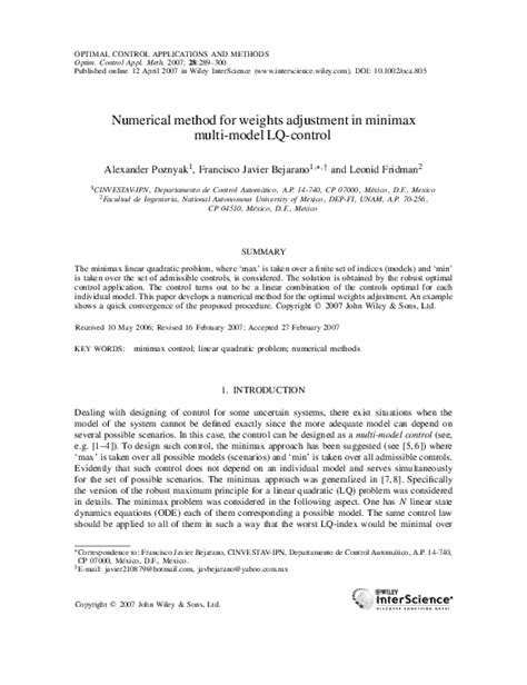 pdf numerical method for weights adjustment in minimax multi model lq control leonid fridman