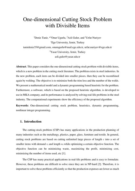 pdf one dimensional cutting stock problem with divisible items