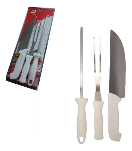 Kit Churrasco Inox 3 Peças Profissional Faca Garfo Chaira