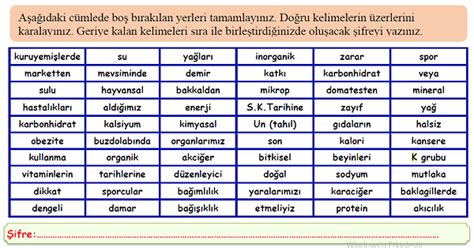 4 Sınıf Fen Bilimleri Besinlerimiz Boşluk Doldurma Etkinliği Meb Ders