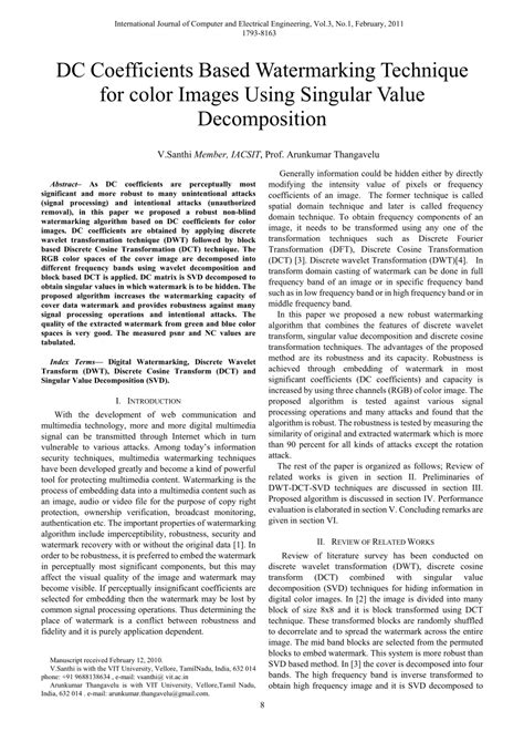 pdf dc coefficients based watermarking techniquefor color images using singular valuedecomposition