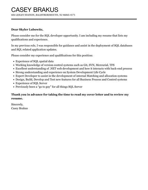 Sql Developer Cover Letter Velvet Jobs