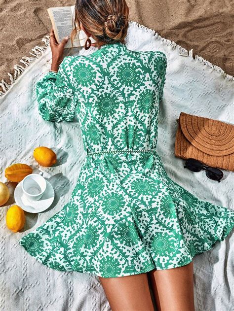SHEIN VCAY Vestido Camisero Al Azar Con Estampado De Manga Farol Con