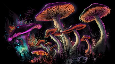 Colorful Mushrooms In A Dark Forest Background Trippy Mushroom