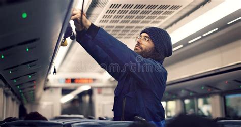 Man Train Travel And Overhead Luggage Compartment For Storage Safety
