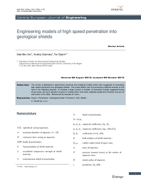 pdf engineering models of high speed penetration into geological shields gabi ben dor and
