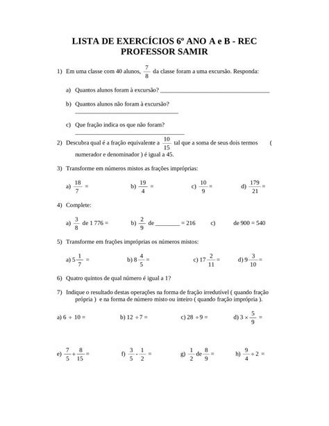 PDF LISTA DE EXERCÍCIOS 6º ANO A e B REC PROFESSOR PDF fileLISTA