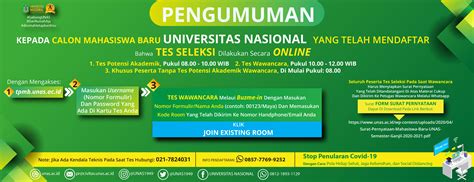 PENGUMUMAN Tes Seleksi Online Bagi Mahasiswa Baru UNAS Yang Sudah